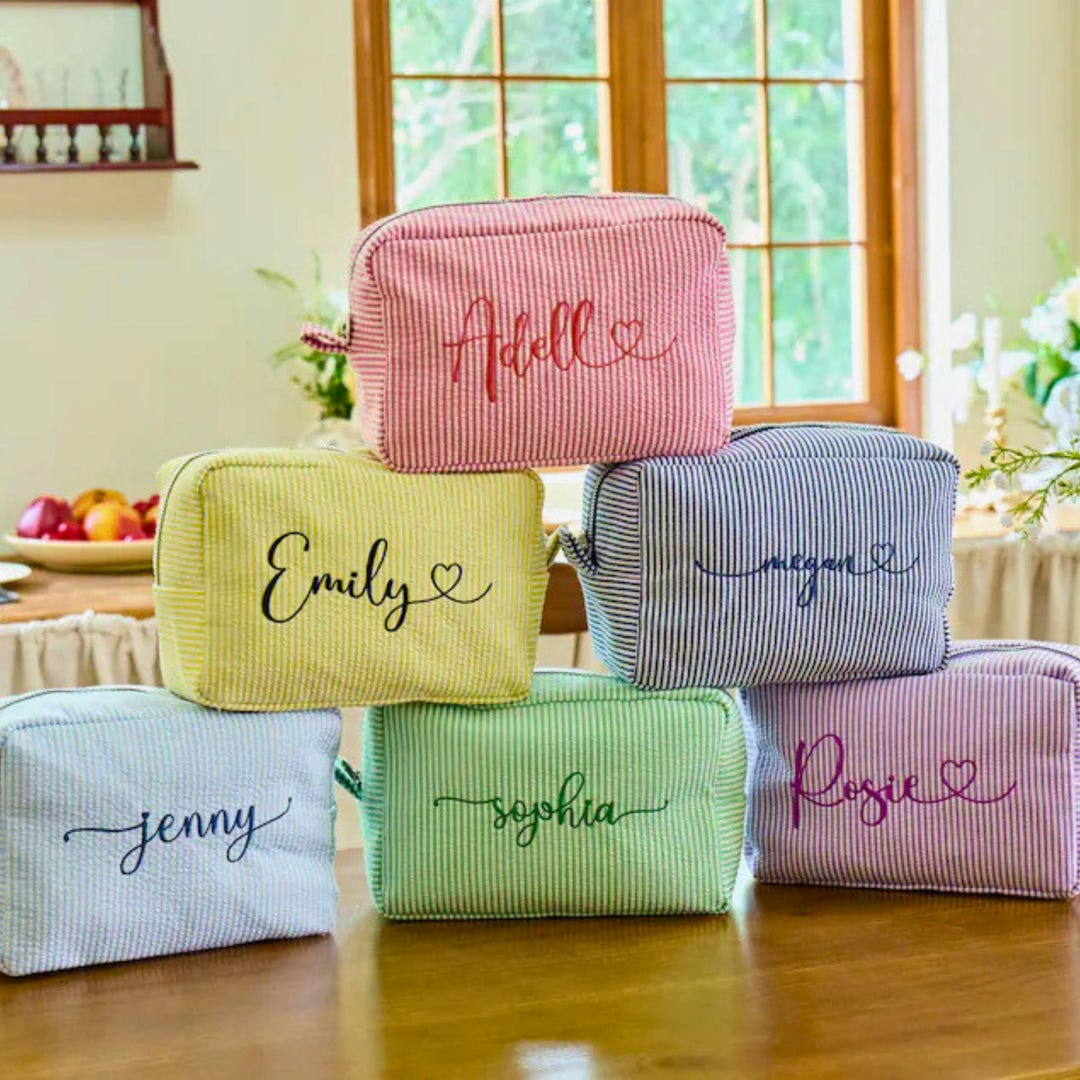 Personalized Seersucker Cosmetic Bag | Embroidered Toiletry Case ...