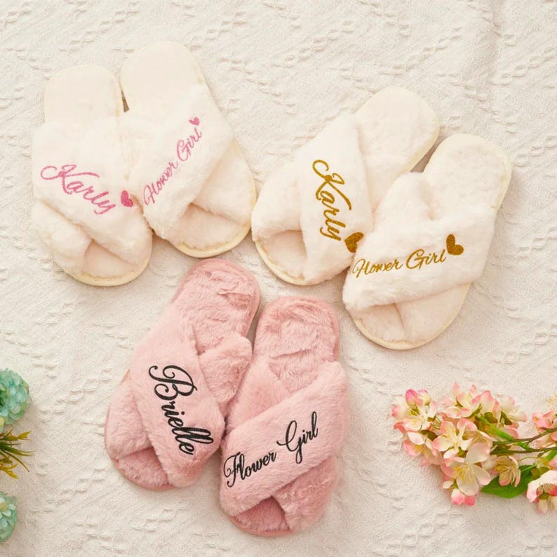 Personalized Fluffy Slippers | Custom Flower Girl, Bridesmaid Wedding ...