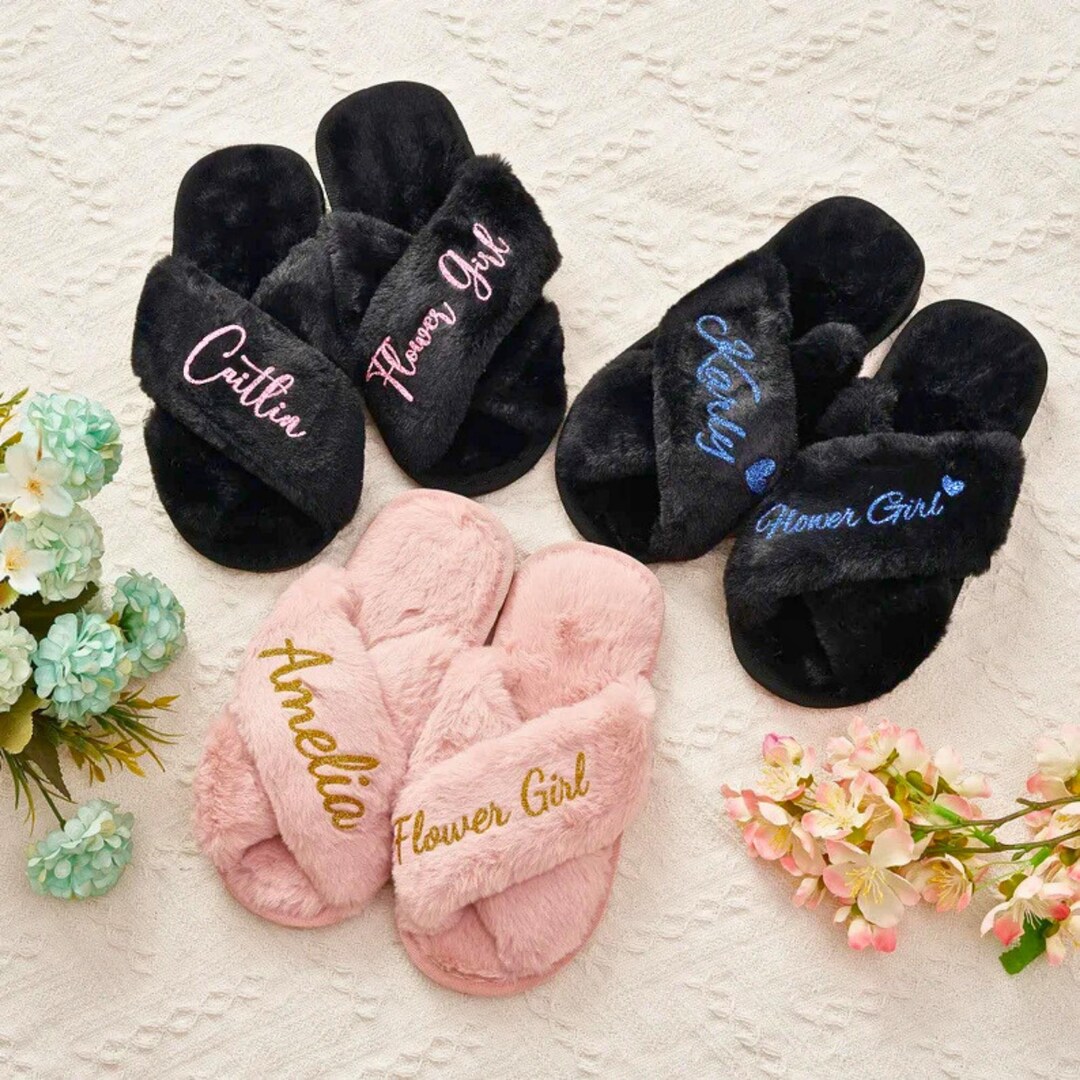Personalized Fluffy Slippers | Custom Flower Girl, Bridesmaid Wedding ...