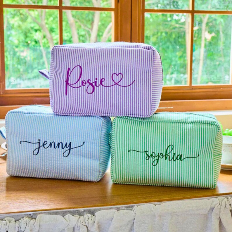 Personalized Seersucker Cosmetic Bag | Embroidered Toiletry Case ...