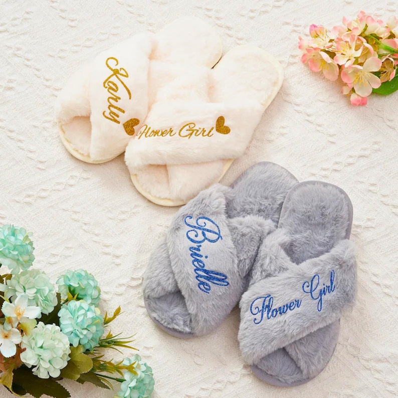 Customized Fluffy Slippers | Personalized Flower Girl, Bridesmaid ...