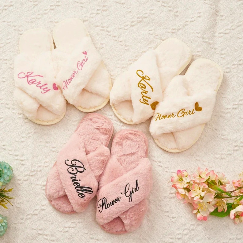Customized Fluffy Slippers | Personalized Flower Girl, Bridesmaid ...