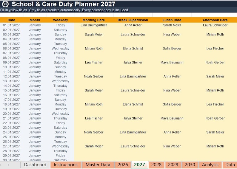 School Staff Duty Planner Excel Template 2026-2030: School Schedule ...