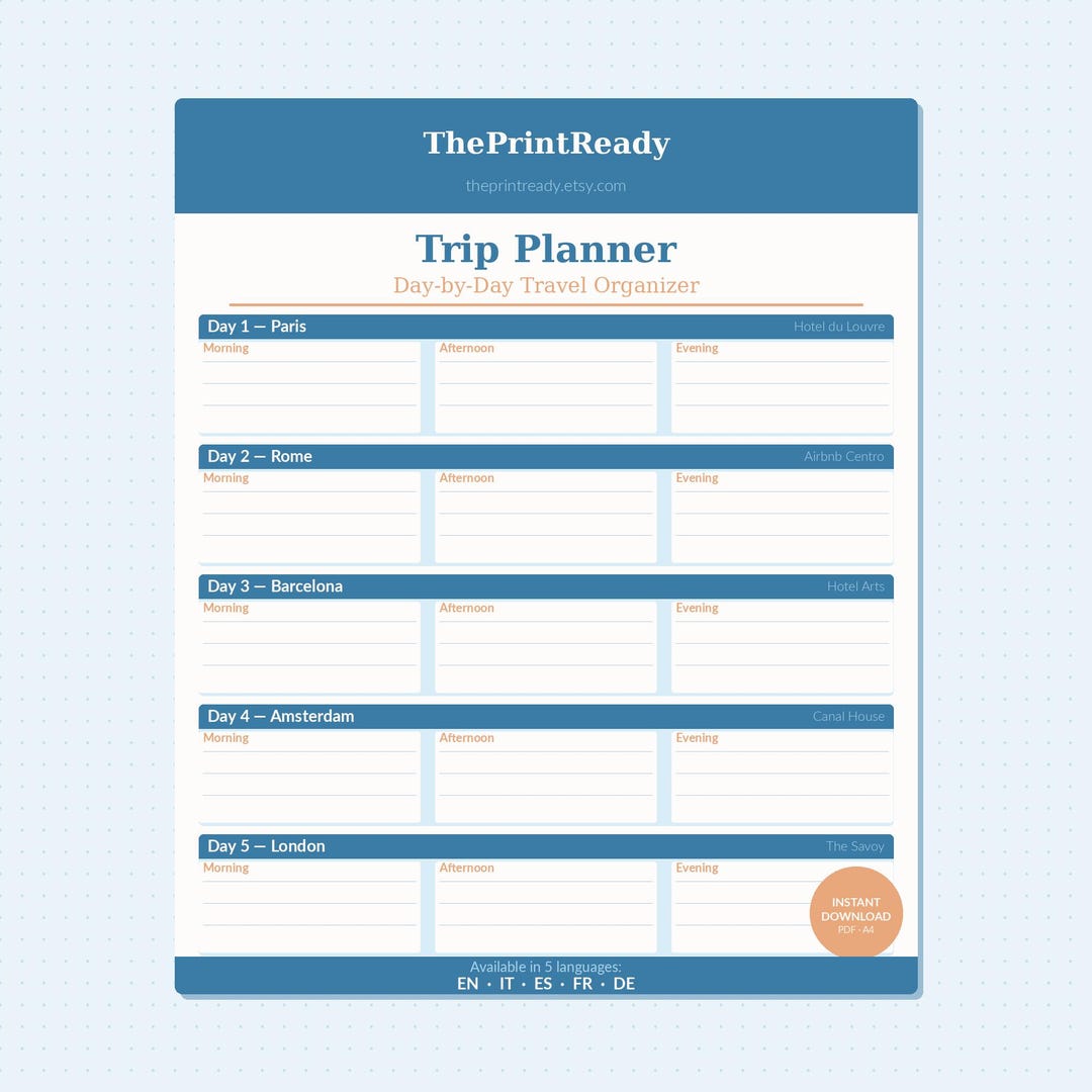 Day-by-day Trip Planner Printable | Vacation Itinerary Organizer (PDF ...