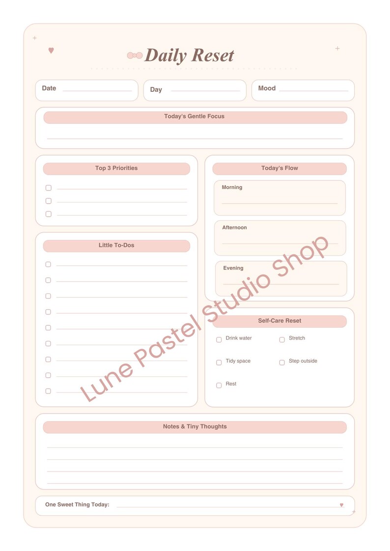 Pastel Daily Reset Planner Printable, Undated Pink Reset Journal for ...