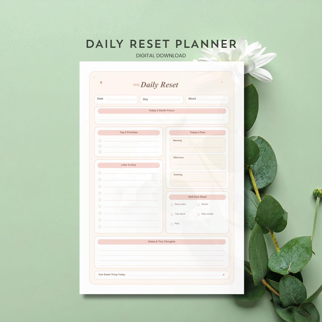 Pastel Daily Reset Planner Printable, Undated Pink Reset Journal for ...
