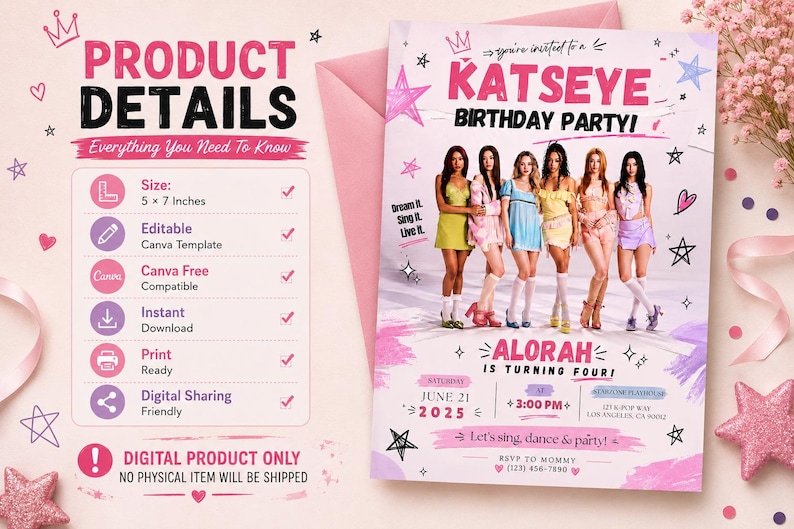Katseye Birthday Invitation Bundle Eyekon Pinky up Gnarly Kid Pop Star ...