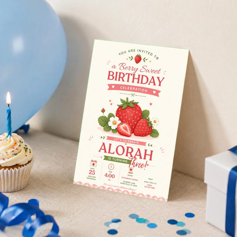 Berry Sweet Birthday Invitation Editable Canva Template | Strawberry ...