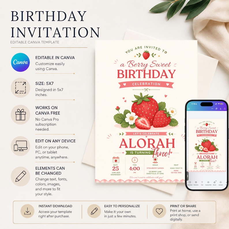 Berry Sweet Birthday Invitation Editable Canva Template | Strawberry ...