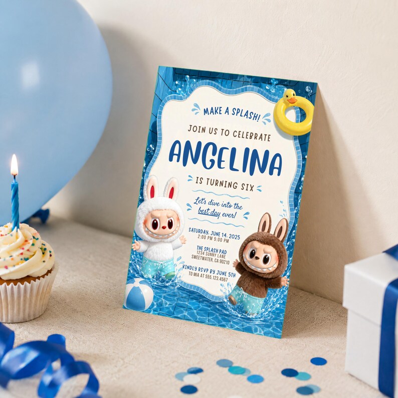 Labubu Pool Party Invitation, Blue Summer Birthday Invite, Editable ...