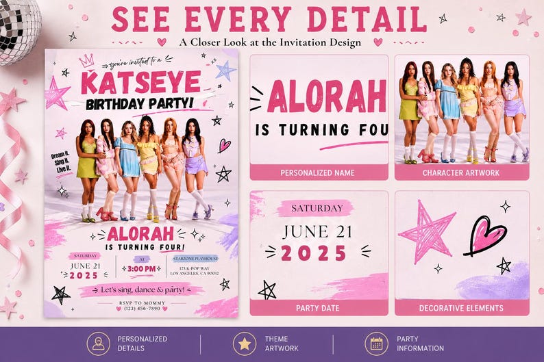 Katseye Birthday Invitation Bundle Eyekon Pinky up Gnarly Kid Pop Star ...