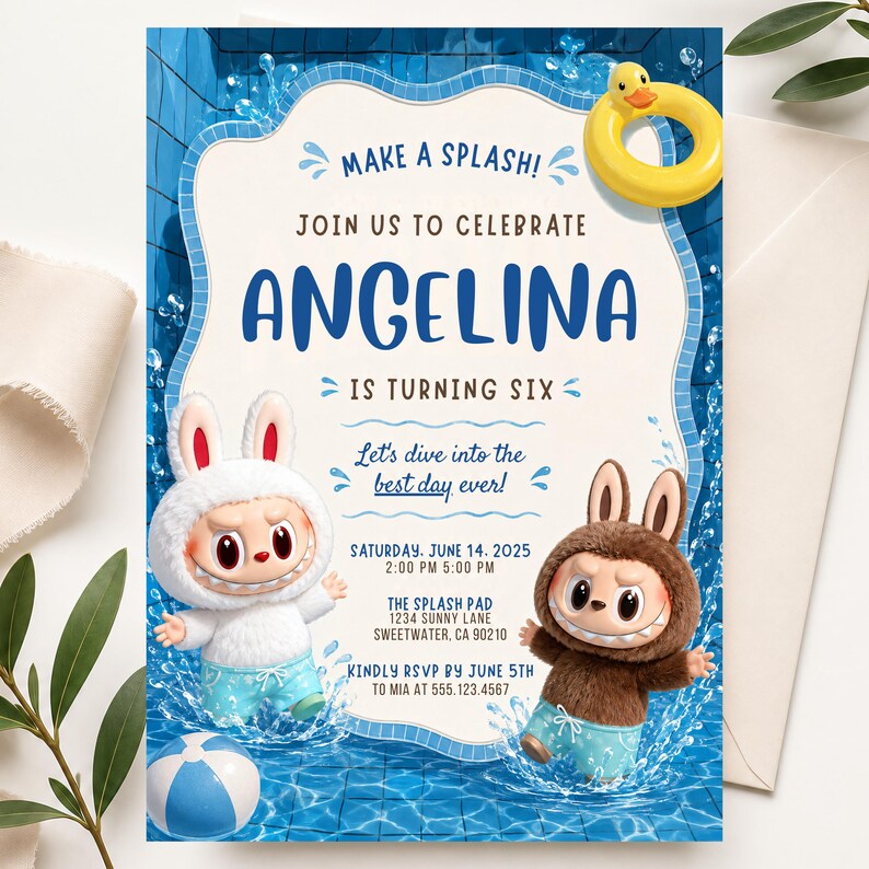 Labubu Pool Party Invitation, Blue Summer Birthday Invite, Editable ...