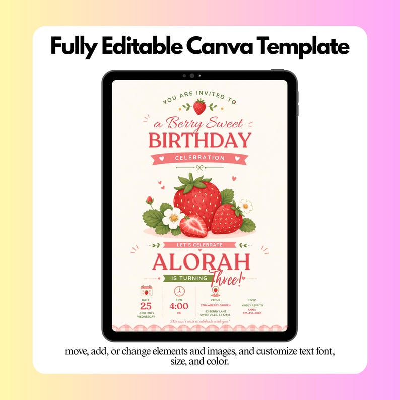 Berry Sweet Birthday Invitation Editable Canva Template | Strawberry ...