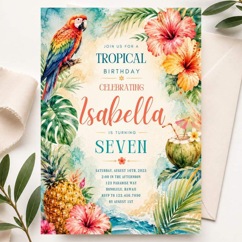 Tropical Luau Birthday Invitation Hawaiian Pool Party Invite Summer ...