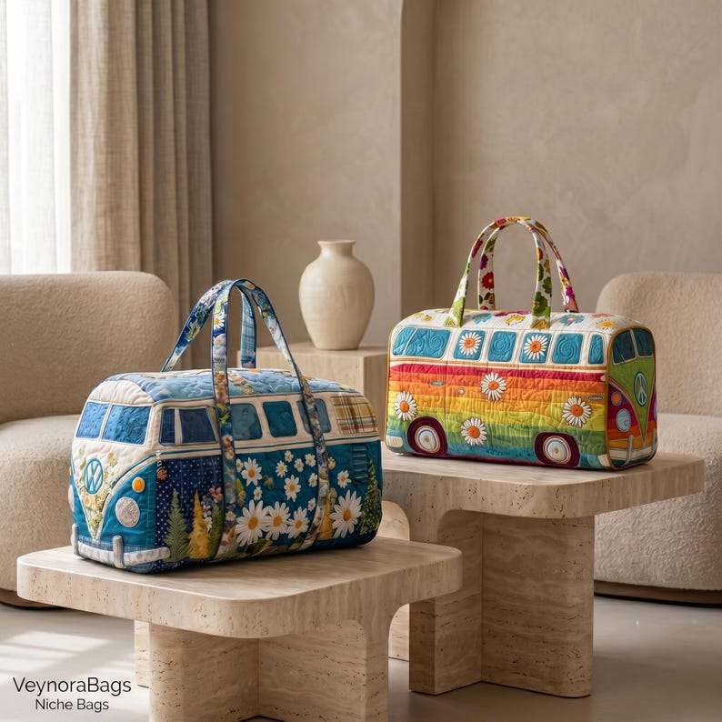 Retro Camper Van Weekender Bag, Rainbow Hippie Travel Duffel, Boho Road ...
