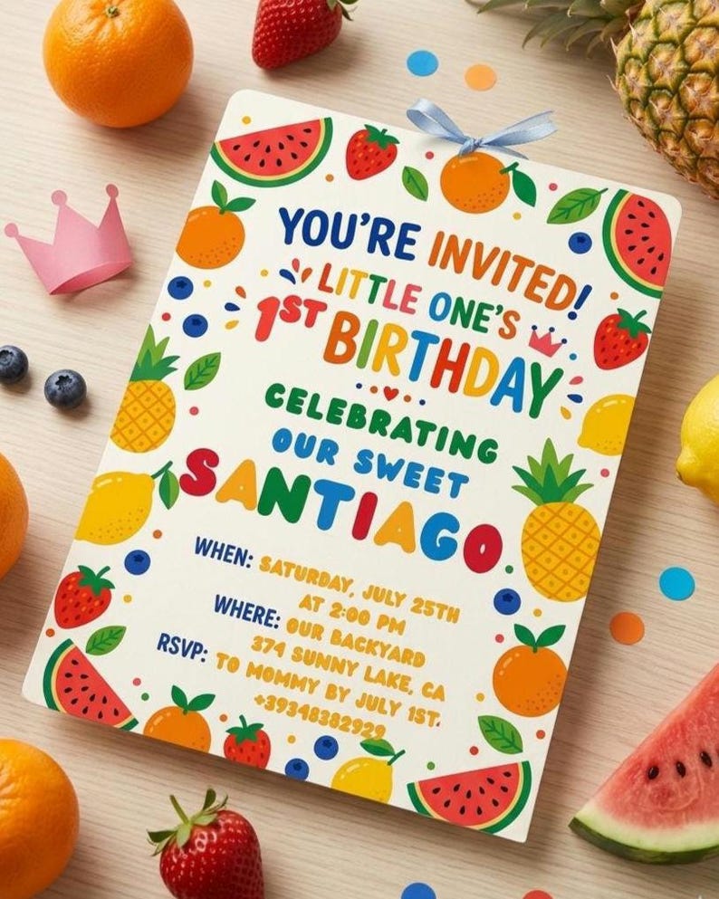 Kids Fruit Birthday Invitation | Editable Canva Template | Tropical ...