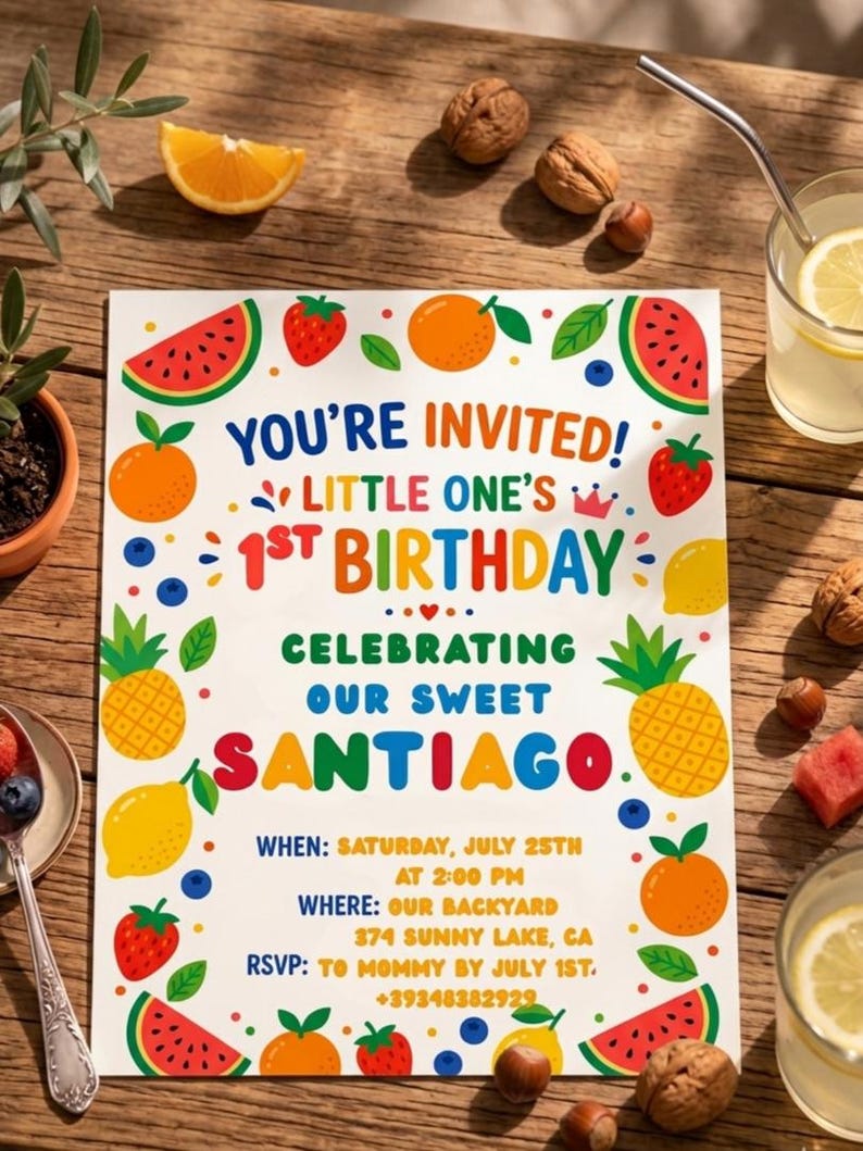 Kids Fruit Birthday Invitation | Editable Canva Template | Tropical ...