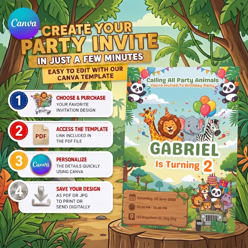 Personalized Animal Jungle Birthday Invitation, Wild One Editable Canva ...