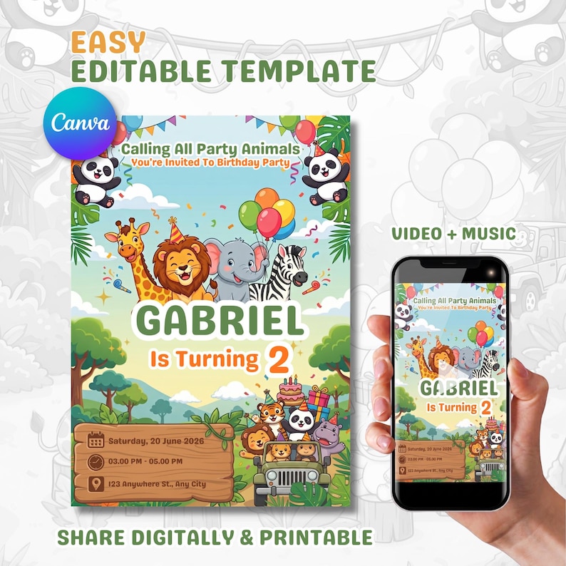 Personalized Animal Jungle Birthday Invitation, Wild One Editable Canva ...