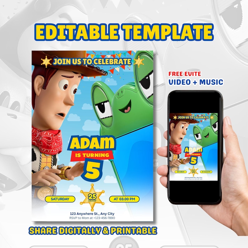 Woody Toy Story Birthday Invitation, Editable Canva Party Card (digital ...
