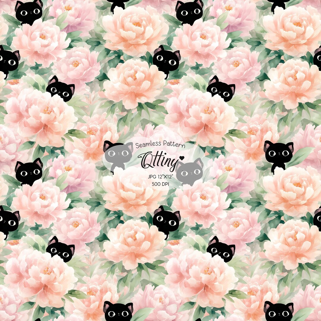 Seamless Black Cat Peony Pattern Digital Paper, Watercolor Floral ...