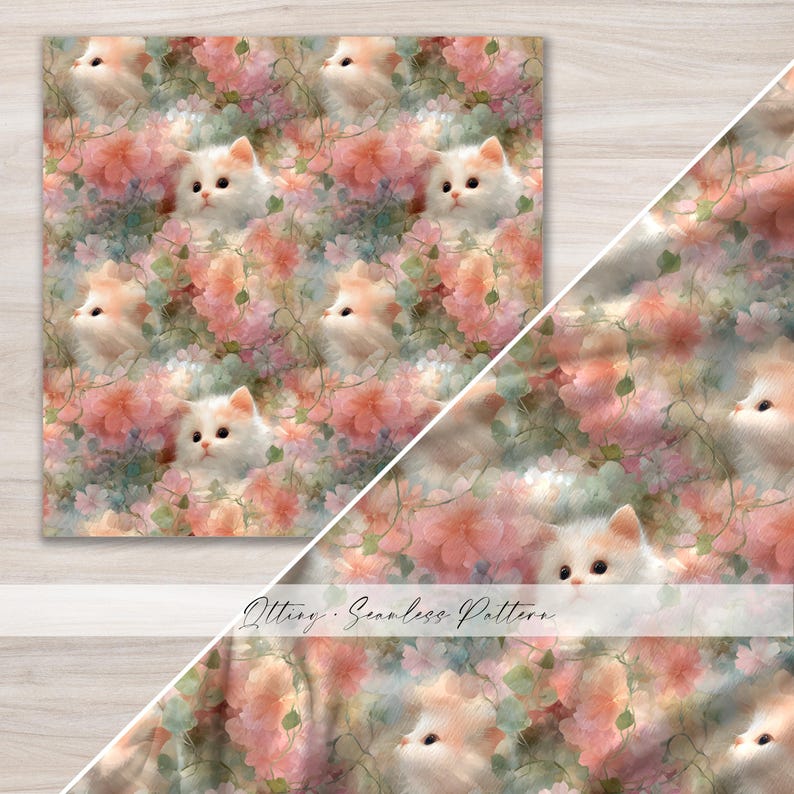 Watercolor Floral Cat Seamless Pattern, Sweet Blossom Kitten Digital ...