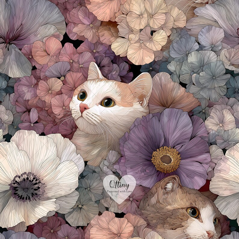 Watercolor Floral Cat Decoupage Paper, Botanical Kitten Seamless ...