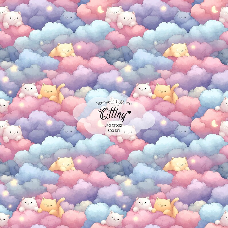Watercolor Rainbow Cloud Cat Seamless Pattern, Boho Pastel Kitten ...