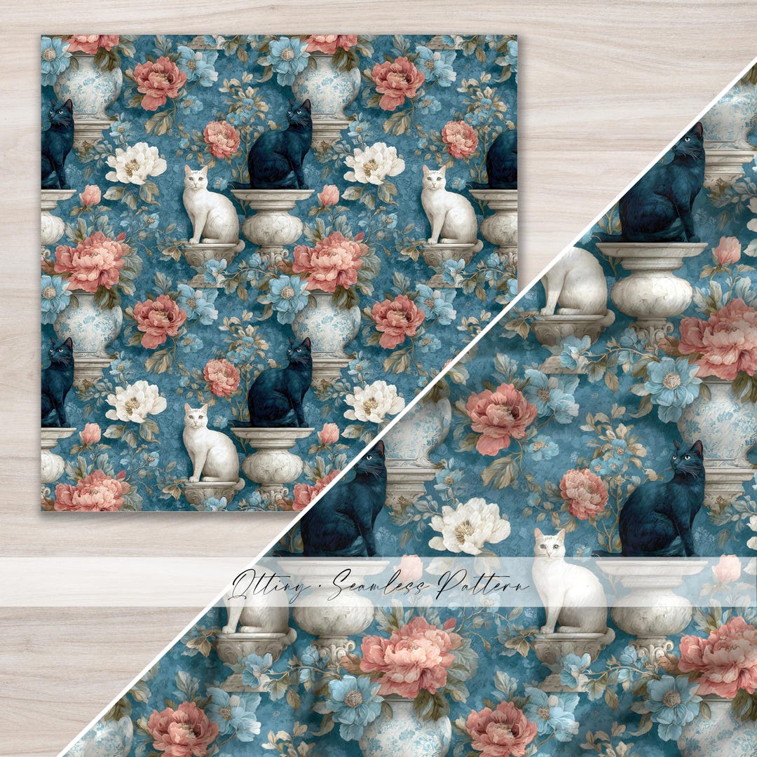 Watercolor Black Cat Decoupage Paper, Whimsical Scrapbook Seamless ...