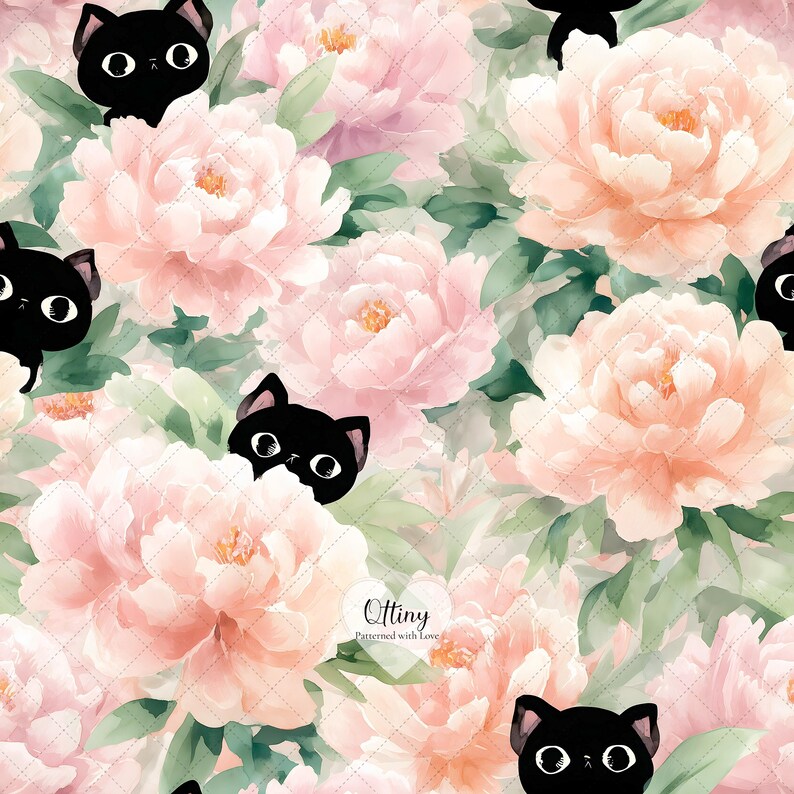 Seamless Black Cat Peony Pattern Digital Paper, Watercolor Floral ...
