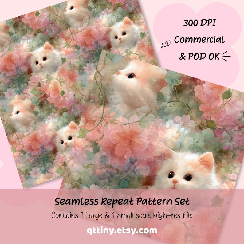 Watercolor Floral Cat Seamless Pattern, Sweet Blossom Kitten Digital ...