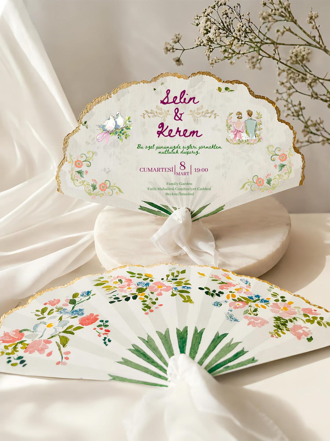 Hand-painted Watercolor Floral Fan Wedding Invitation, Gold Edge Silk ...