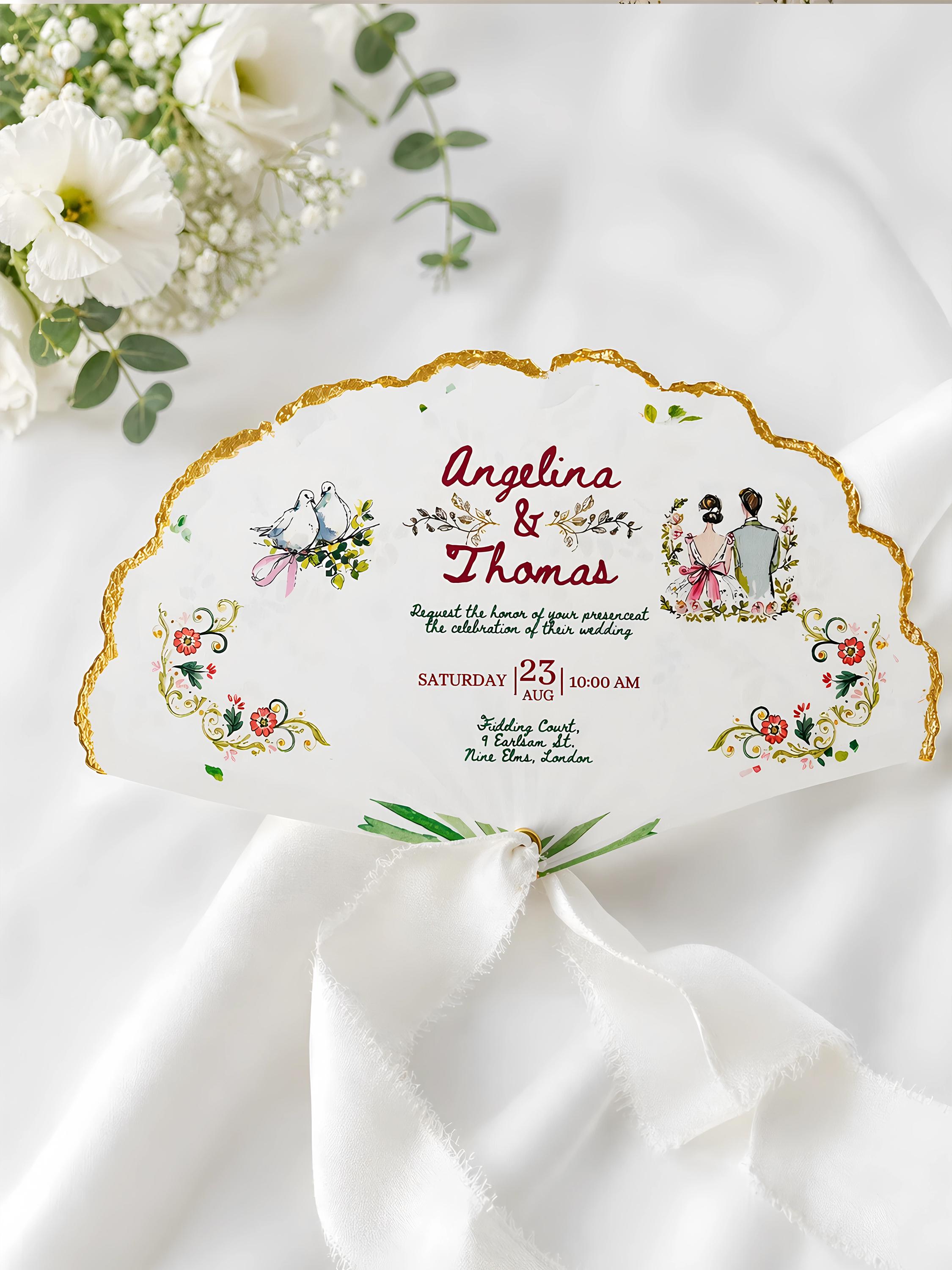 Hand-painted Watercolor Floral Fan Wedding Invitation, Gold Edge Silk ...