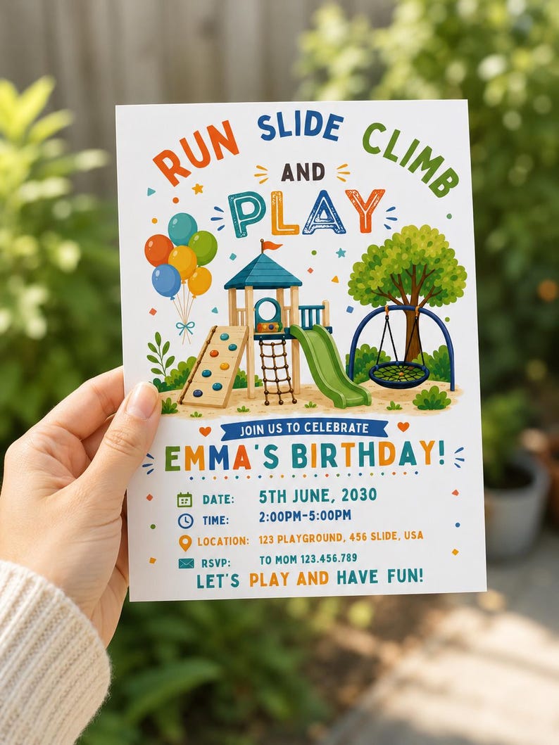 Playground Birthday Invite, Party in the Park Outdoor Birthday, Run ...
