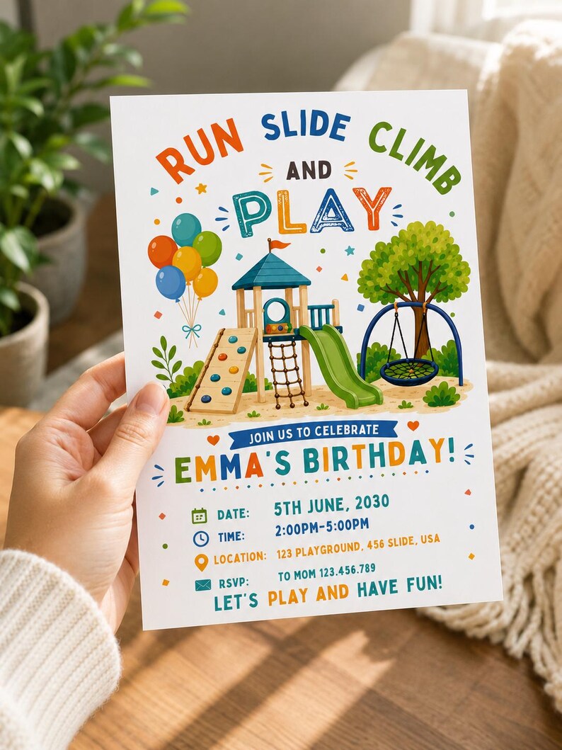 Playground Birthday Invite, Party in the Park Outdoor Birthday, Run ...
