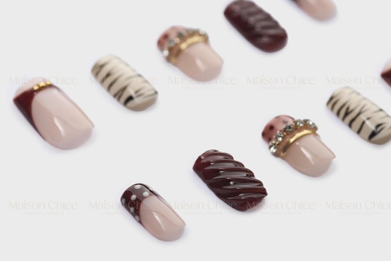 Burgundy Zebra French Tip Nails Y2k Mob Wife Manicure 3d Retro Art
