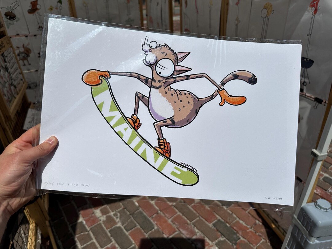 Snowboarding Cat Maine 11 X 17" Art Print - Etsy