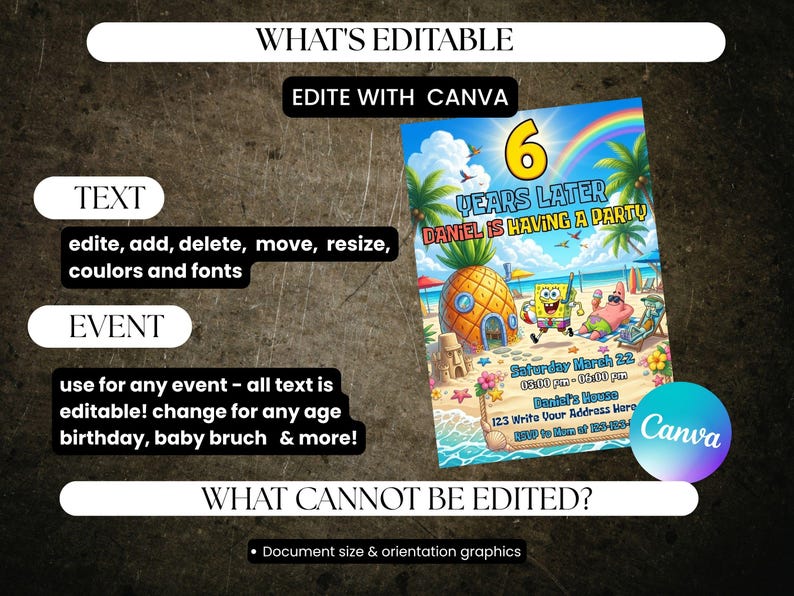 Spongebob Birthday Invitation Editable Canva Template, Bikini Bottom ...
