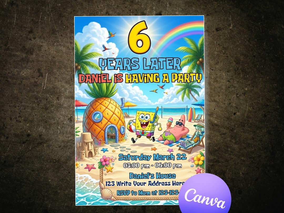 Spongebob Birthday Invitation Editable Canva Template, Bikini Bottom ...