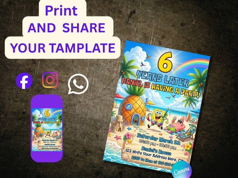 Spongebob Birthday Invitation Editable Canva Template, Bikini Bottom ...