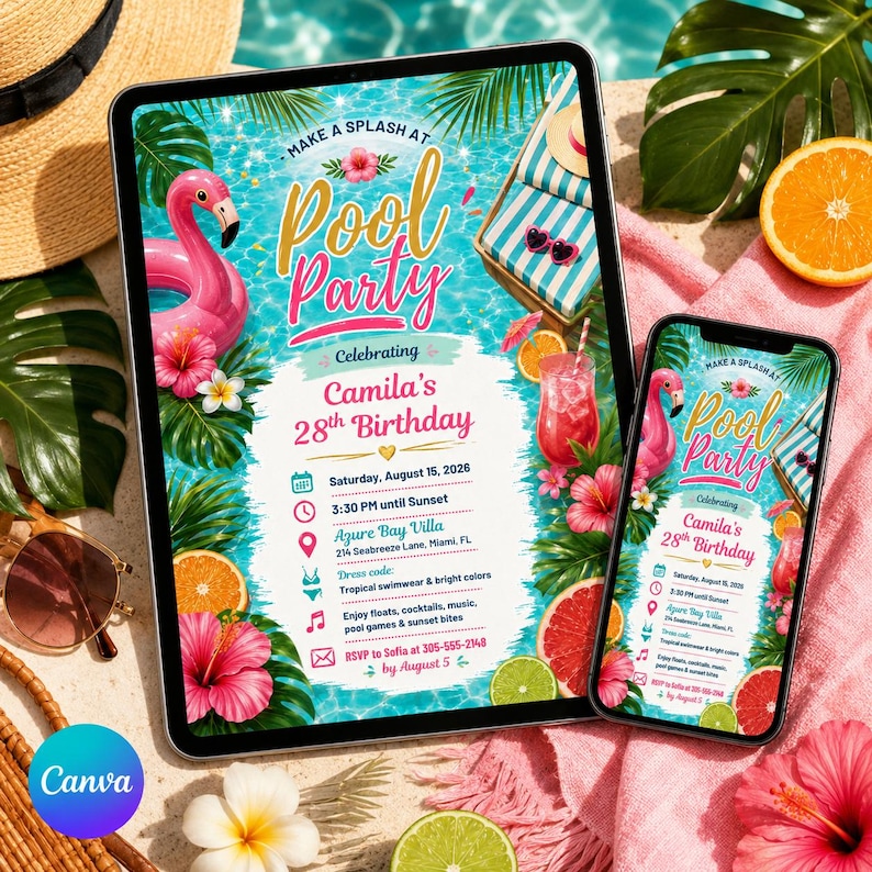 Tropical Pool Party Invitation Canva Template, Adult 28th Birthday ...