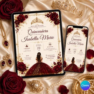 Burgundy Quinceañera Invitation Template, Red Roses Gold Crown ...