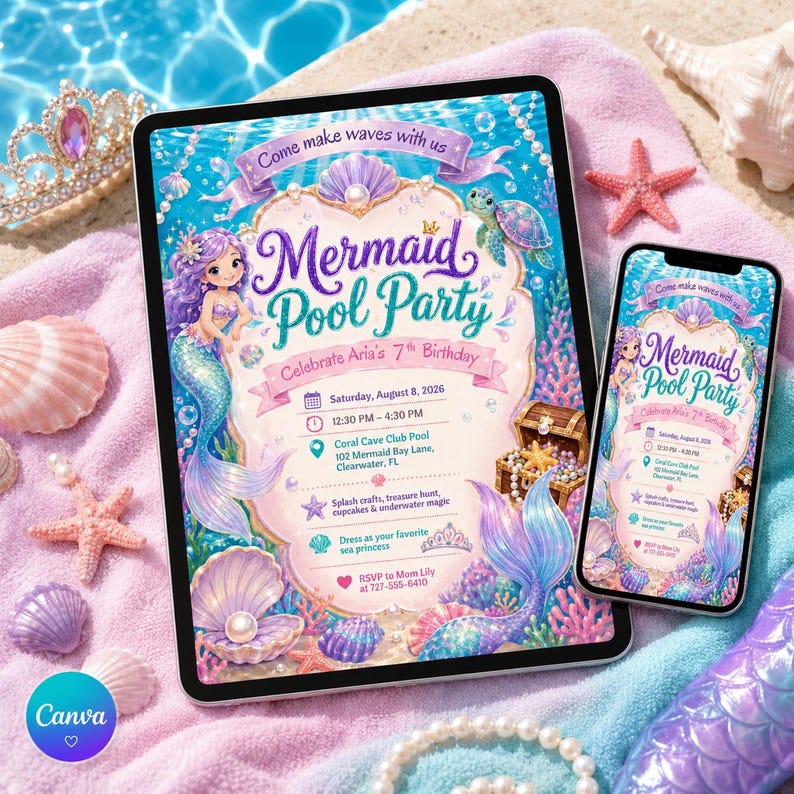 Mermaid Pool Party Invitation Canva Template, Girls 7th Birthday Under ...