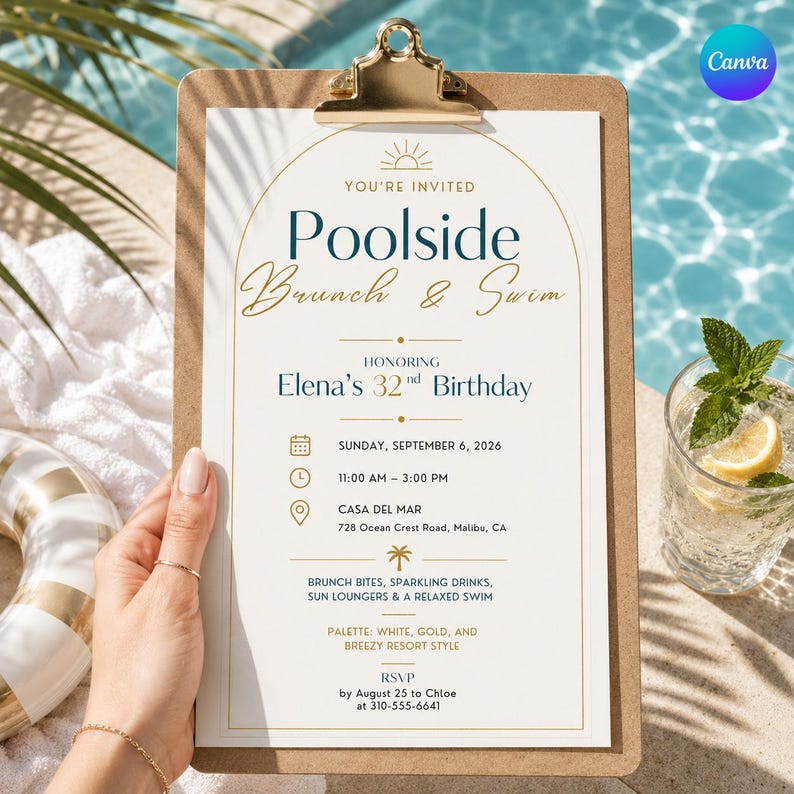 Poolside Brunch and Swim Invitation Canva Template, Adult 32nd Birthday ...