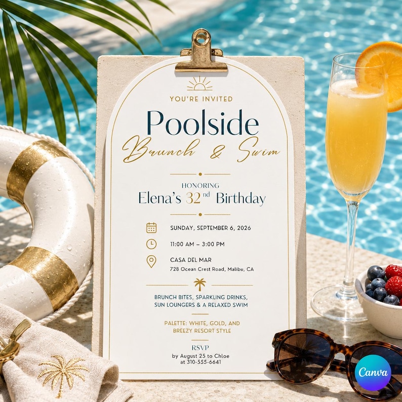 Poolside Brunch and Swim Invitation Canva Template, Adult 32nd Birthday ...