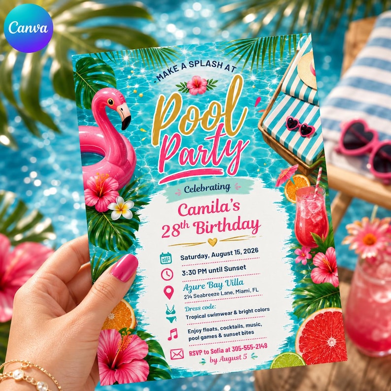 Tropical Pool Party Invitation Canva Template, Adult 28th Birthday ...