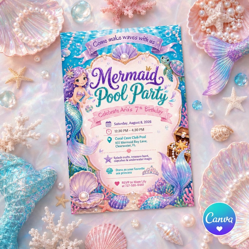 Mermaid Pool Party Invitation Canva Template, Girls 7th Birthday Under ...