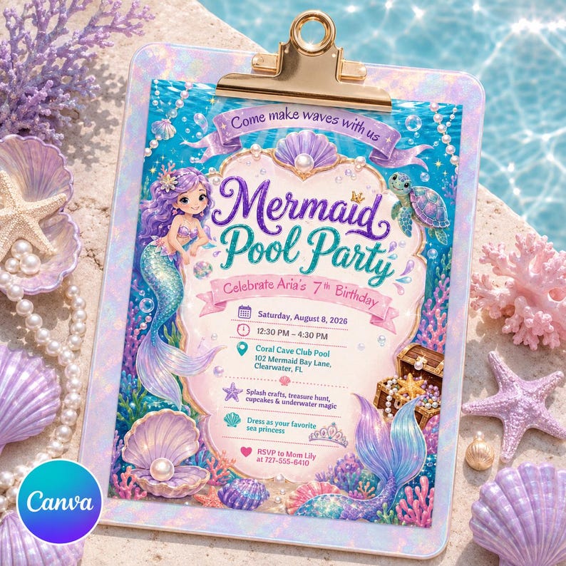 Mermaid Pool Party Invitation Canva Template, Girls 7th Birthday Under ...