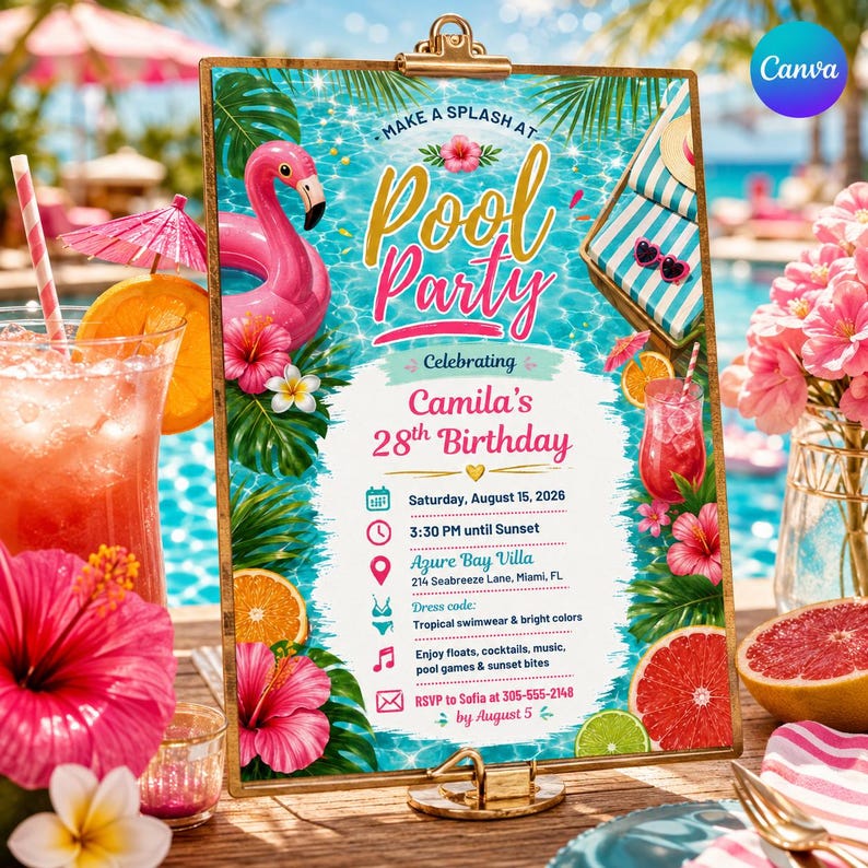 Tropical Pool Party Invitation Canva Template, Adult 28th Birthday ...