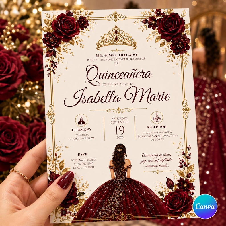 Burgundy Quinceañera Invitation Template, Red Roses Gold Crown ...